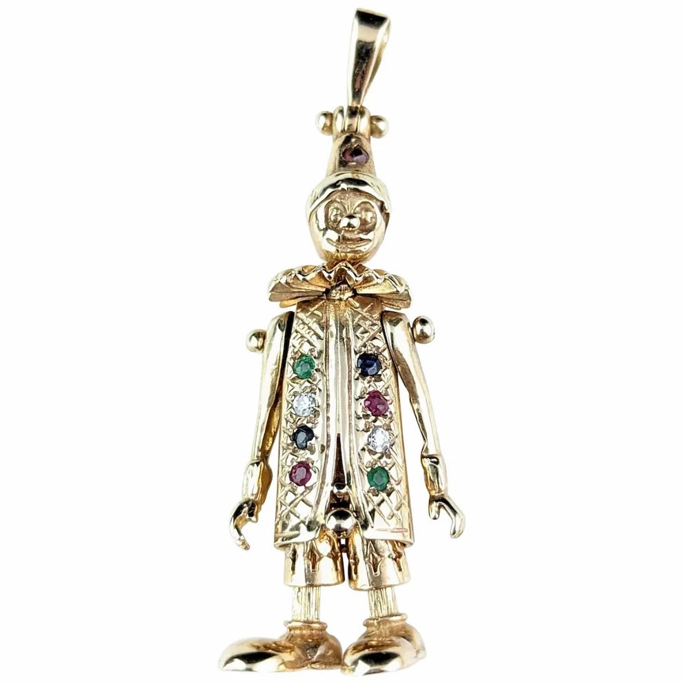 Vintage 9ct gold Clown pendant, multi gemstone, Articulated – StolenAttic