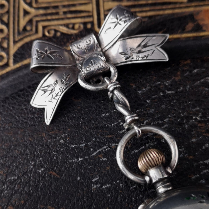 Victorian pocket watch, silver and enamel, bow brooch – StolenAttic