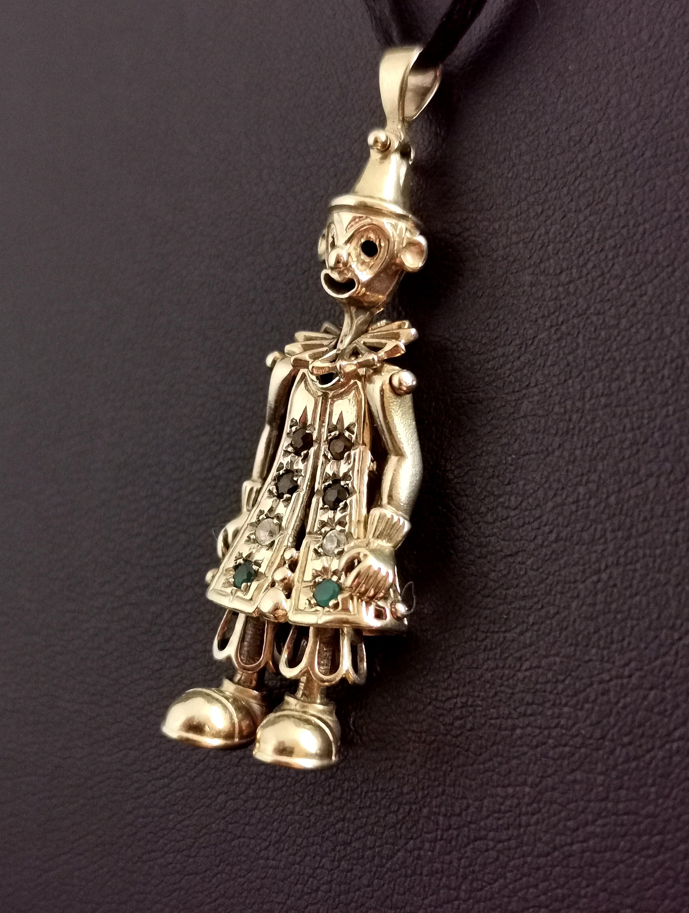 Vintage 9k yellow gold clown pendant, Articulated, Gemstone, 1990s ...